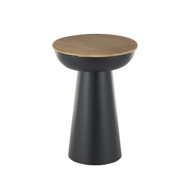 17 Stories Claudine Metal Handmade Pedestal Side End Black Accent Table with Brown Wood Tabletop ...